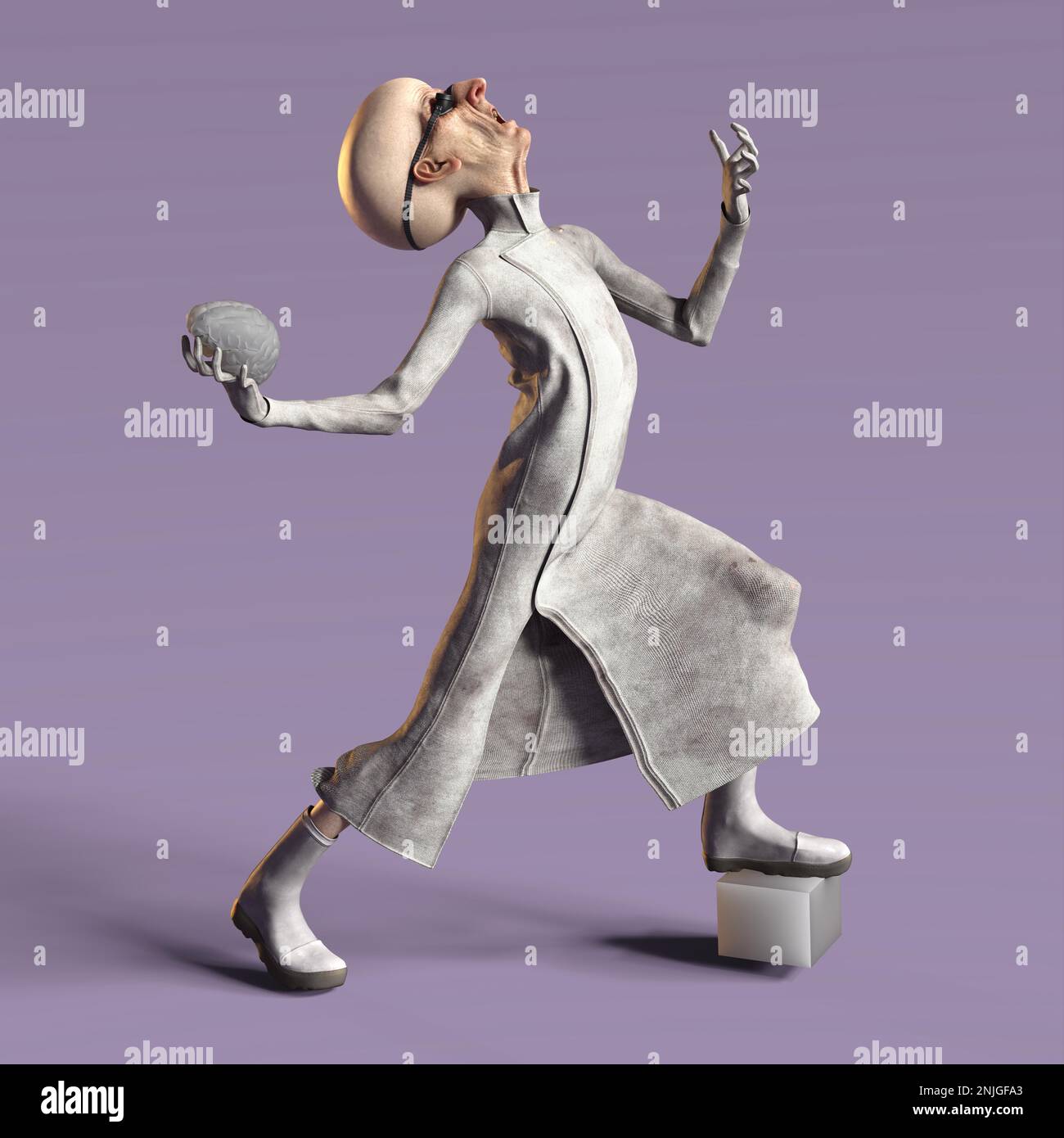 3D-illustration of a cute and funny cartoon scientist who is going mad ...