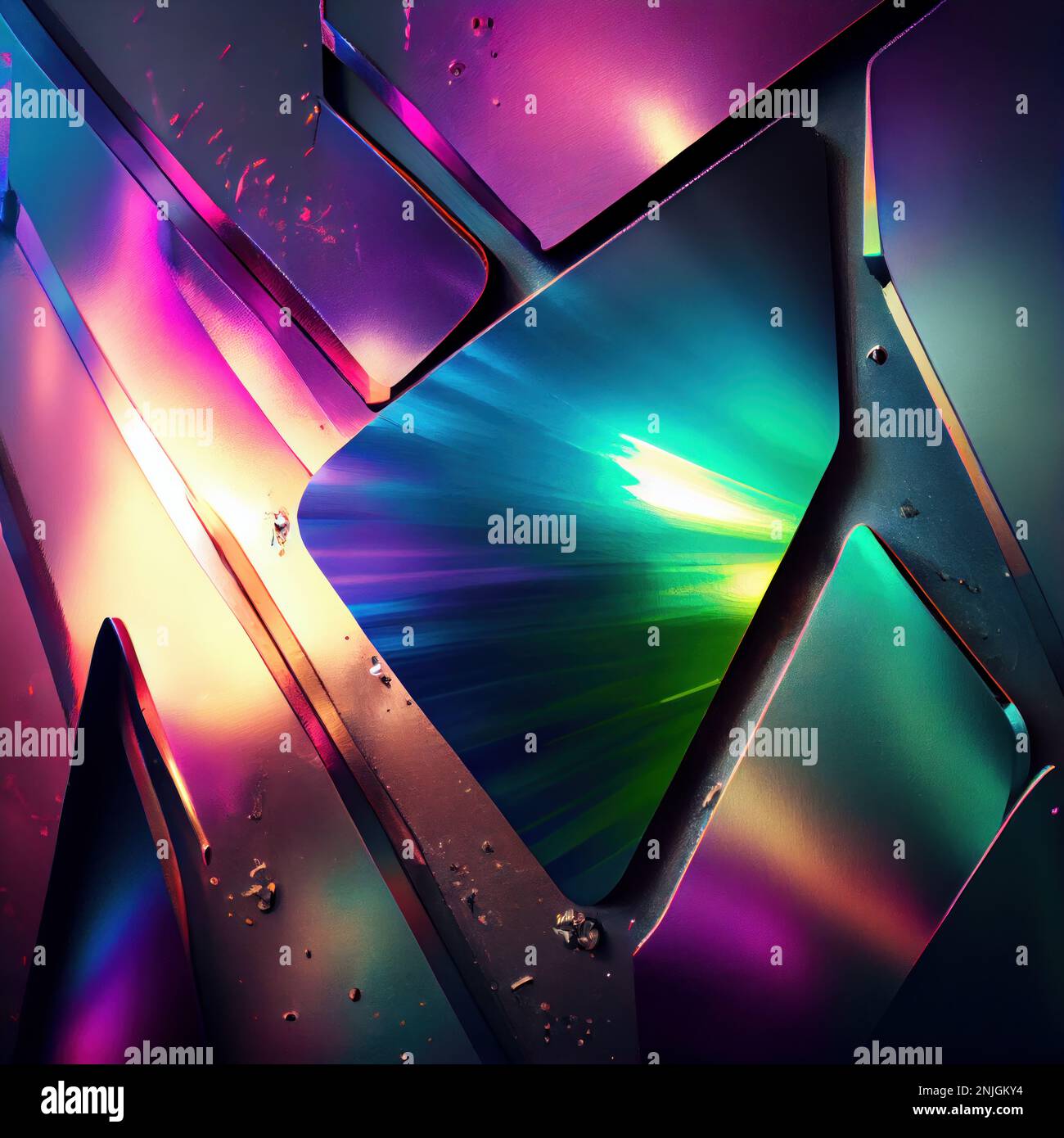 Colorful wavy metal shapes with northern lights abstract background ...