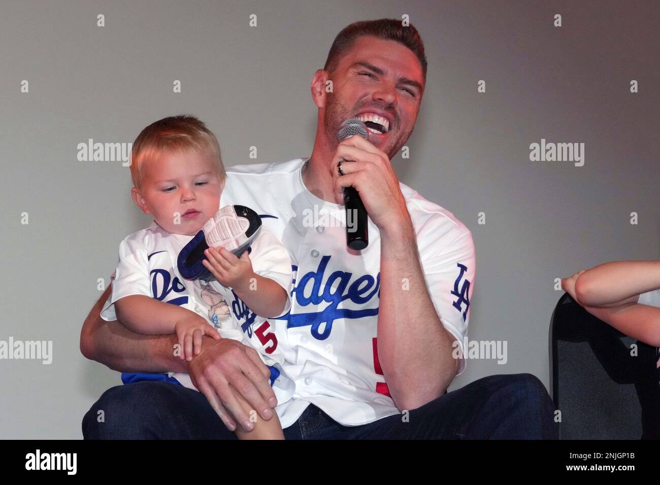 Los Angeles Dodgers first baseman Freddie Freeman holds son Brandon Freeman at Dodgers Love LA ...