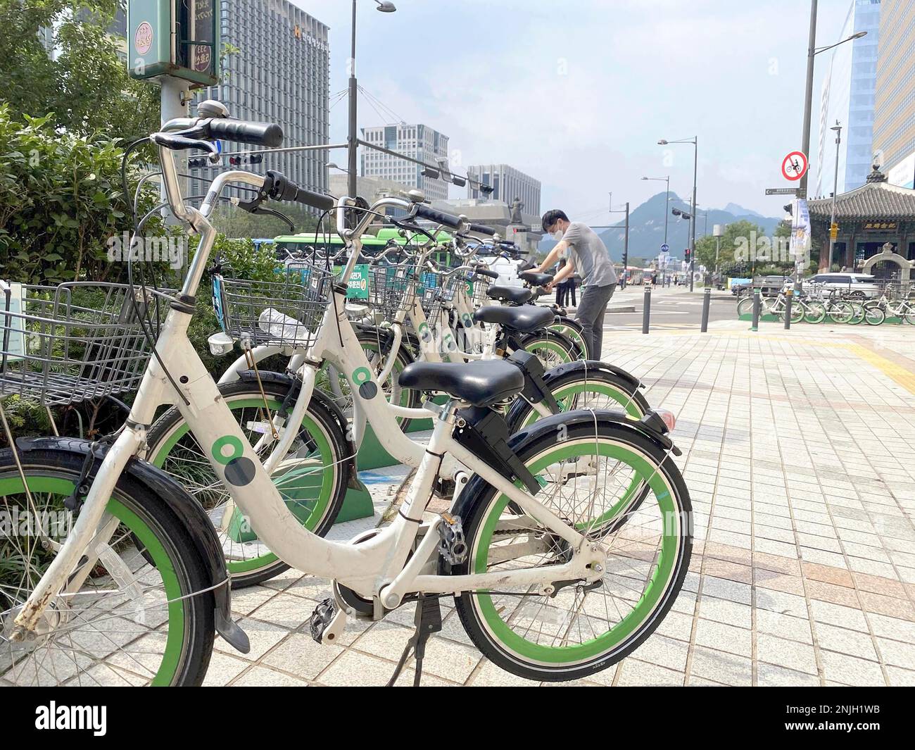 Bikes of a public bike sharing system, Ddareungi, park in Seoul, South ...