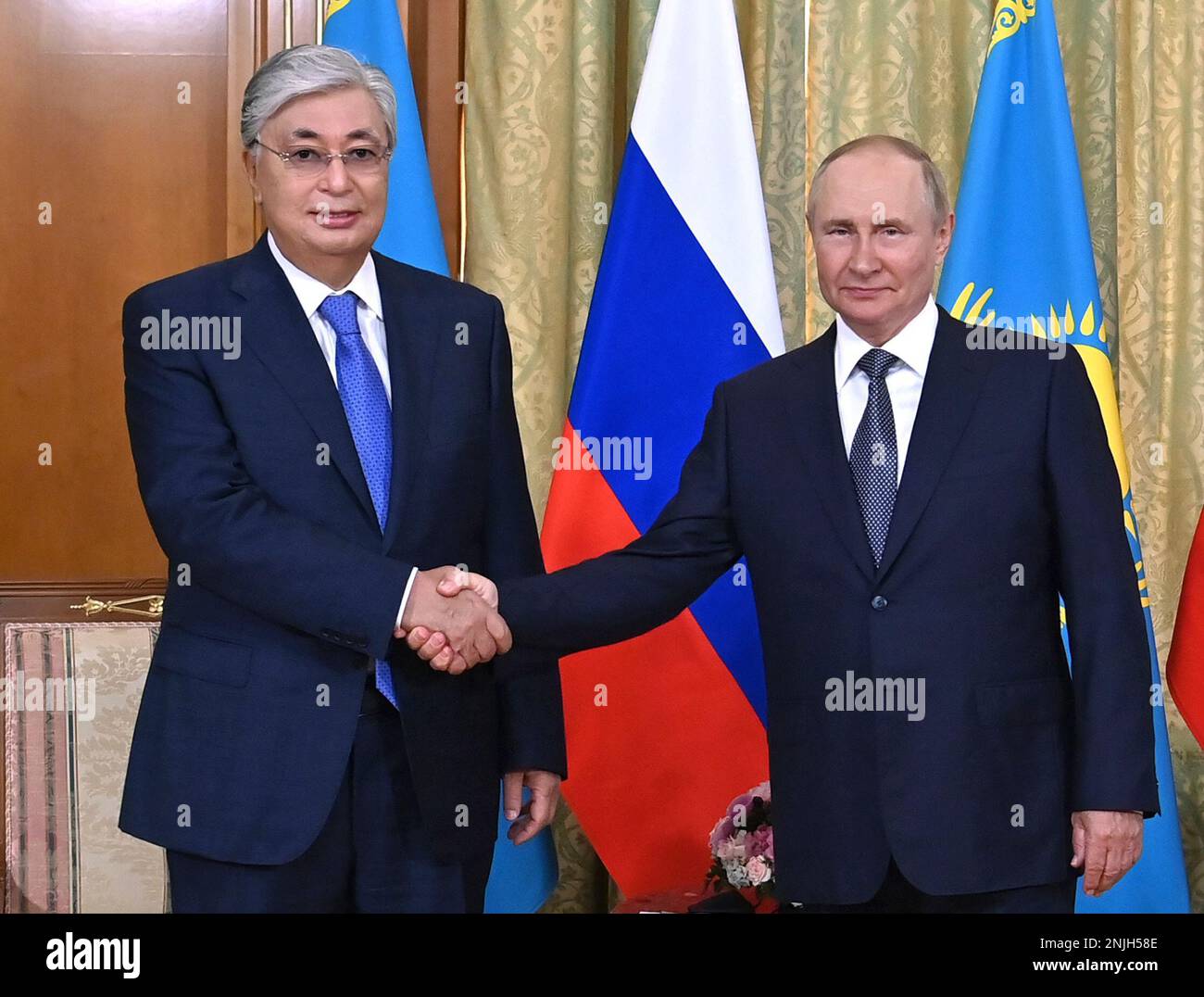 Russian President Vladimir Putin, right, and Kazakh President Kassym ...