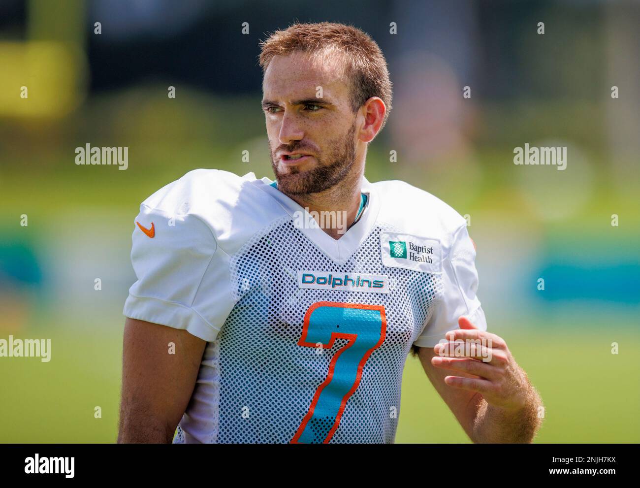 Miami Dolphins place kicker Jason Sanders (7) walks on the field during ...