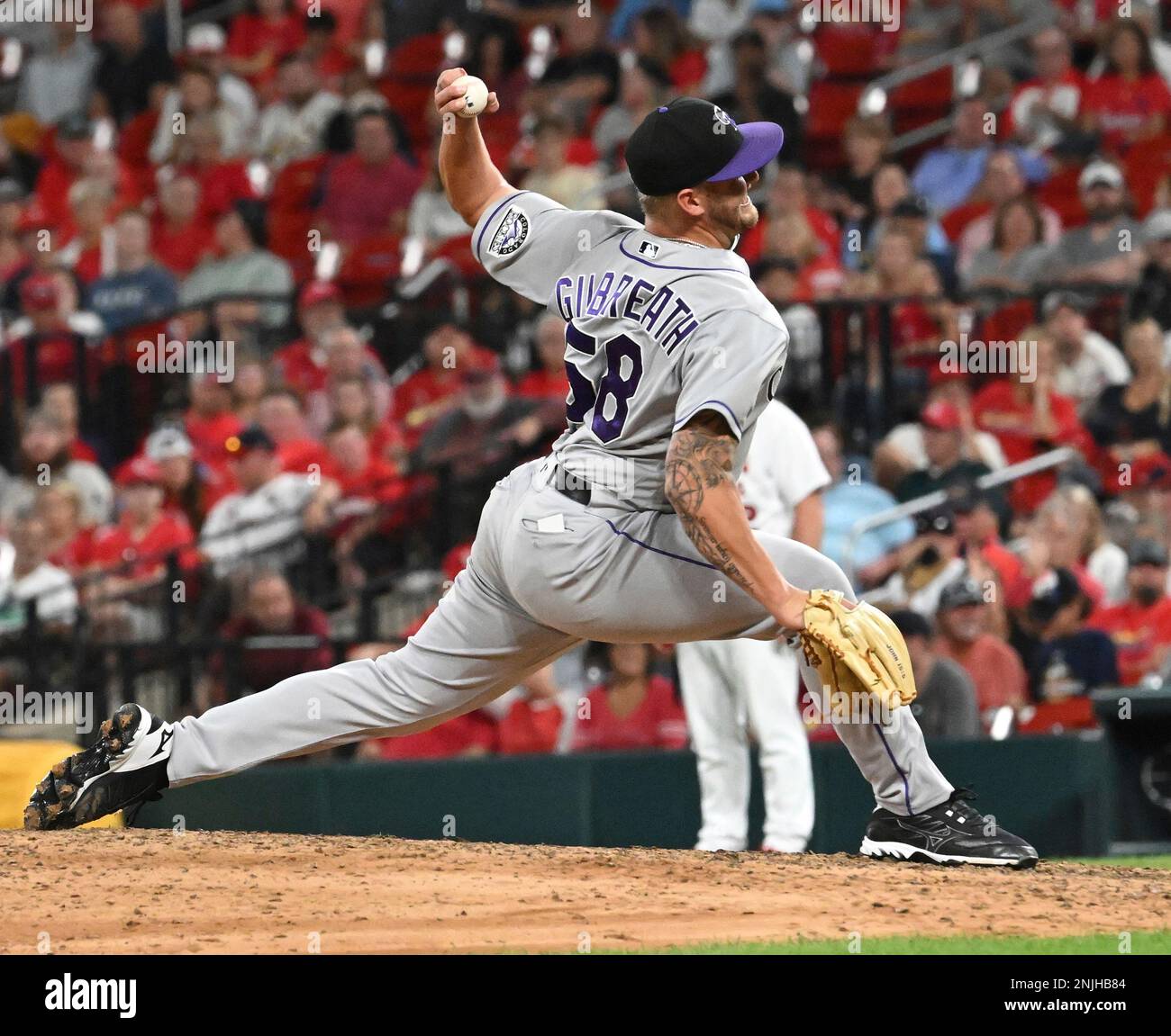 ST. LOUIS, MO - AUGUST 16: Colorado Rockies pitcher Lucas Gilbreath (58 ...