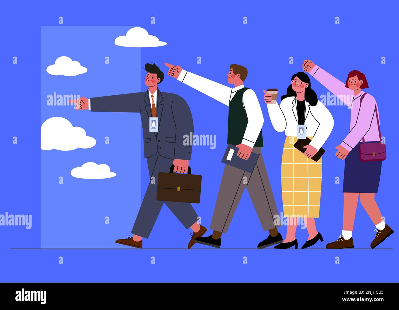 group of office workers, job seekers walking together toward a door ...