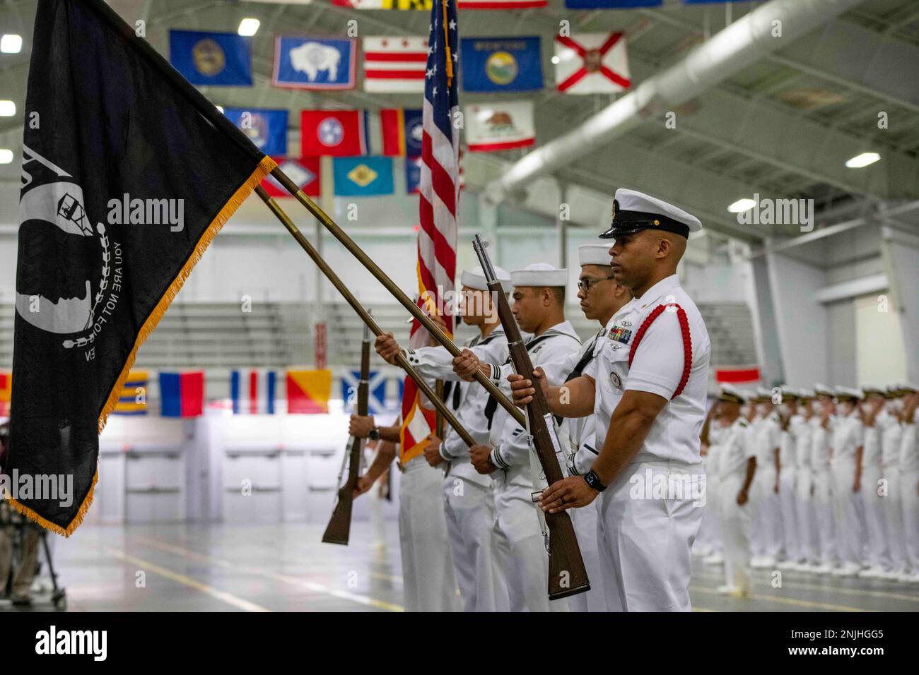 GREAT LAKES, Ill. (Aug. 8, 2022) The color guard parades the colors ...