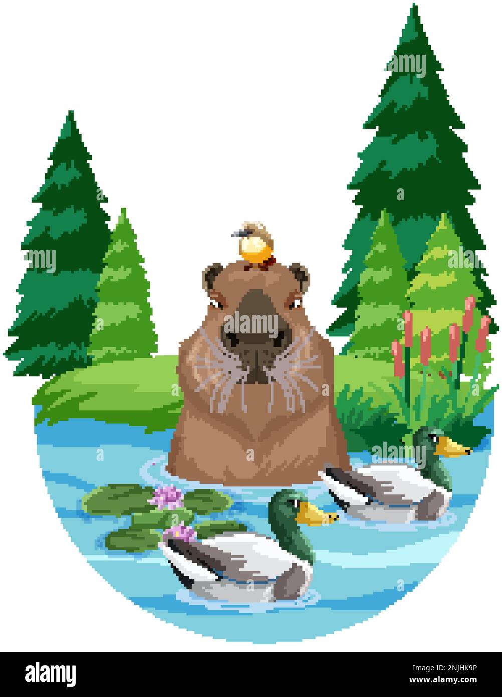 Capybara in nature pond with ducks illustration Stock Vector Image ...
