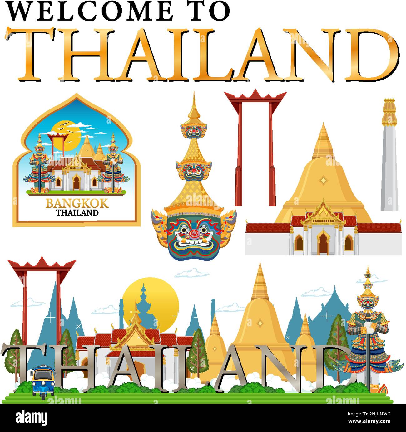 Set of elements about thailand tourist attraction illustration Stock ...