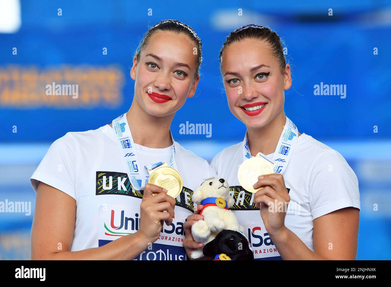 Gold medallists Ukraine's Maryna and Vladyslava Aleksiiva pose for ...