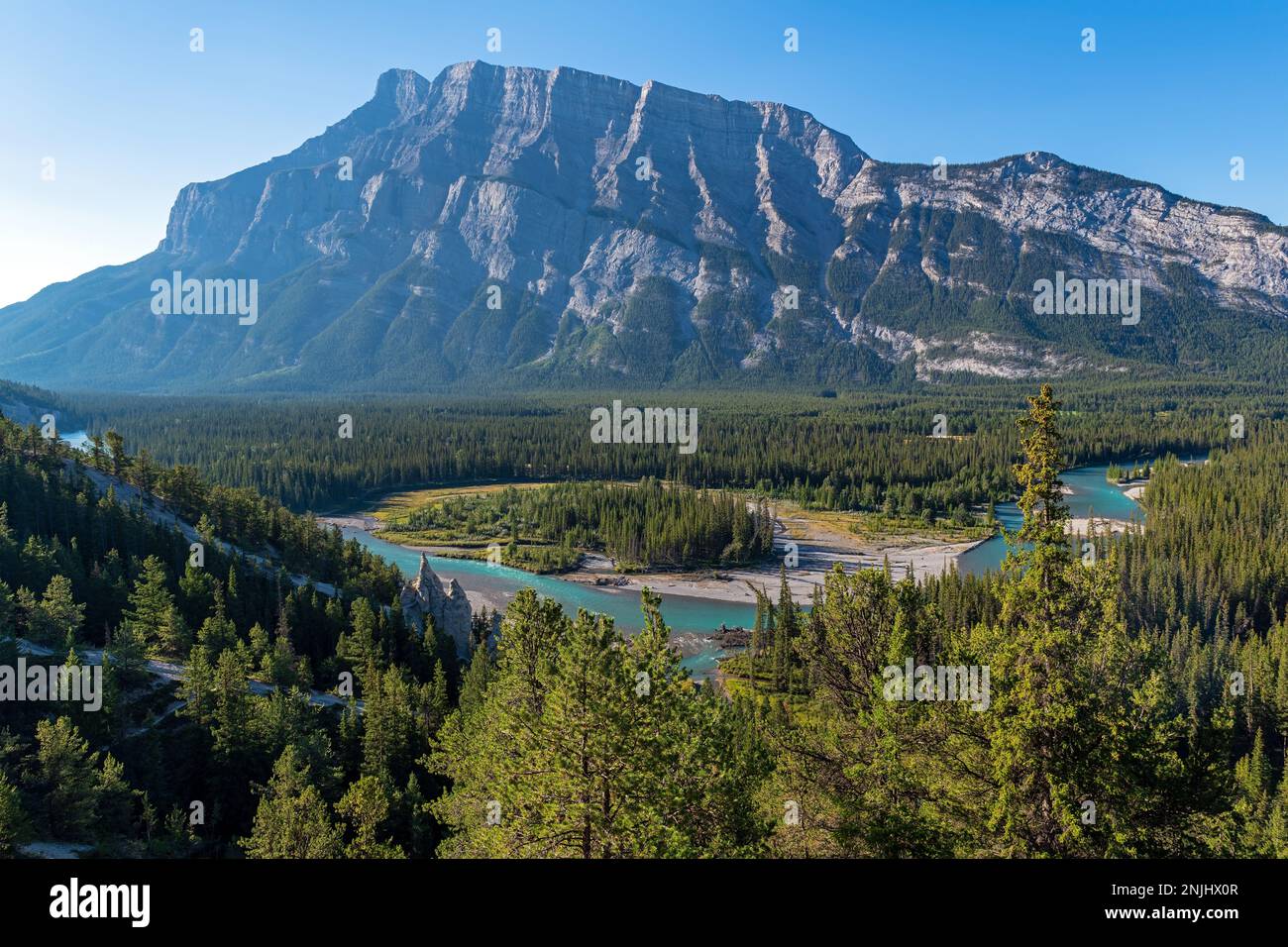 Bow river and hoodoo rock formations at Surprise Corner, Banff national park, Alberta, Canada ...