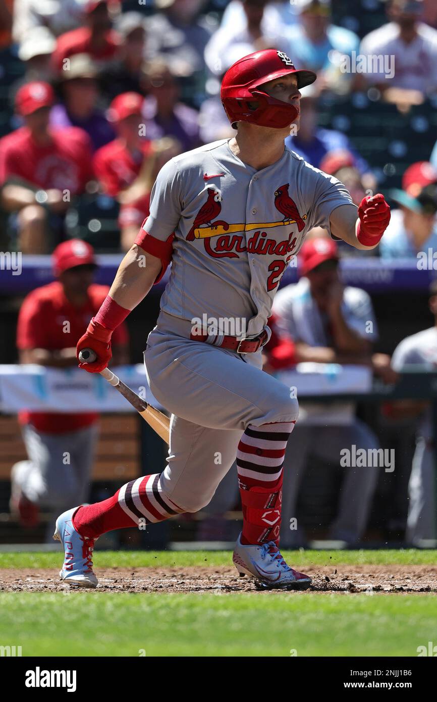 St. Louis Cardinals left fielder Corey Dickerson (25) watches the ball ...