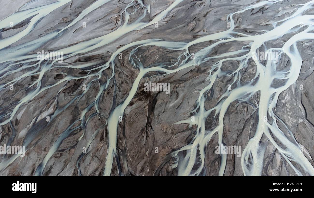 Glacial rivers from above. Aerial photograph of the river streams from ...