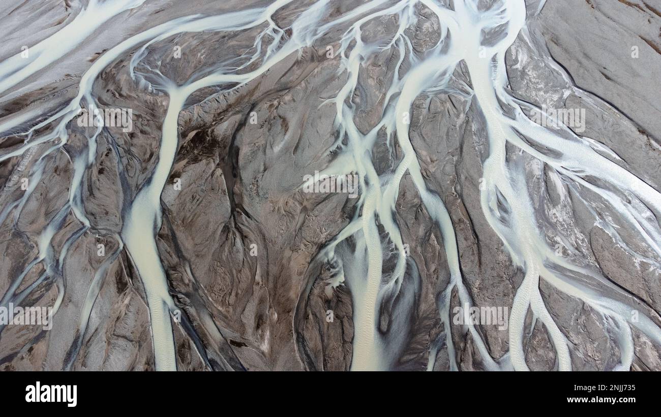 Glacial rivers from above. Aerial photograph of the river streams from ...