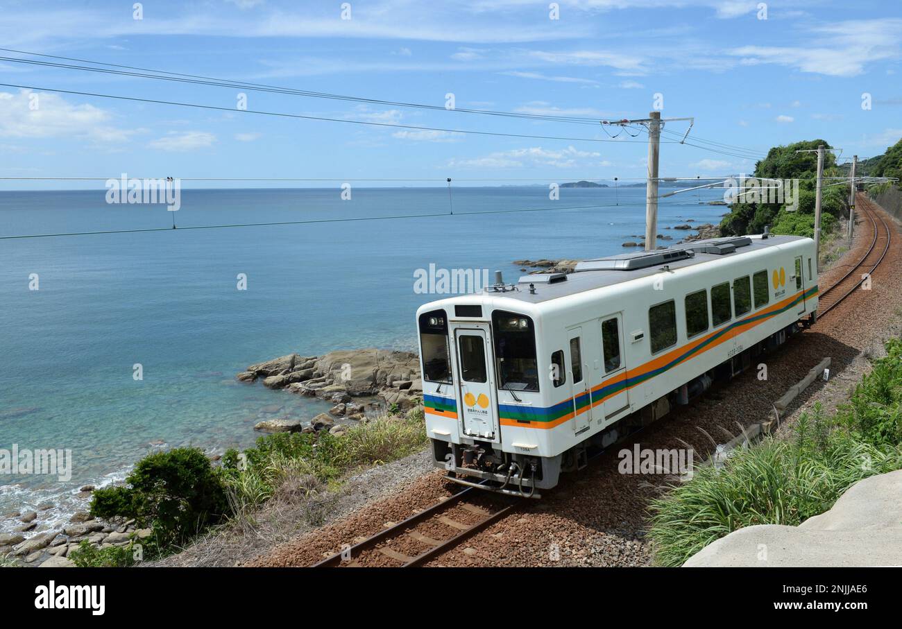 A train of Hisatsu Orange Railway runs in Akune City, Kagoshima ...