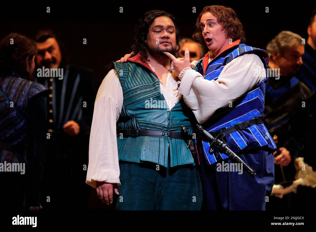 Lucas Meachem as Mercutio, right, and Pene Pati as Romeo, left, during ...