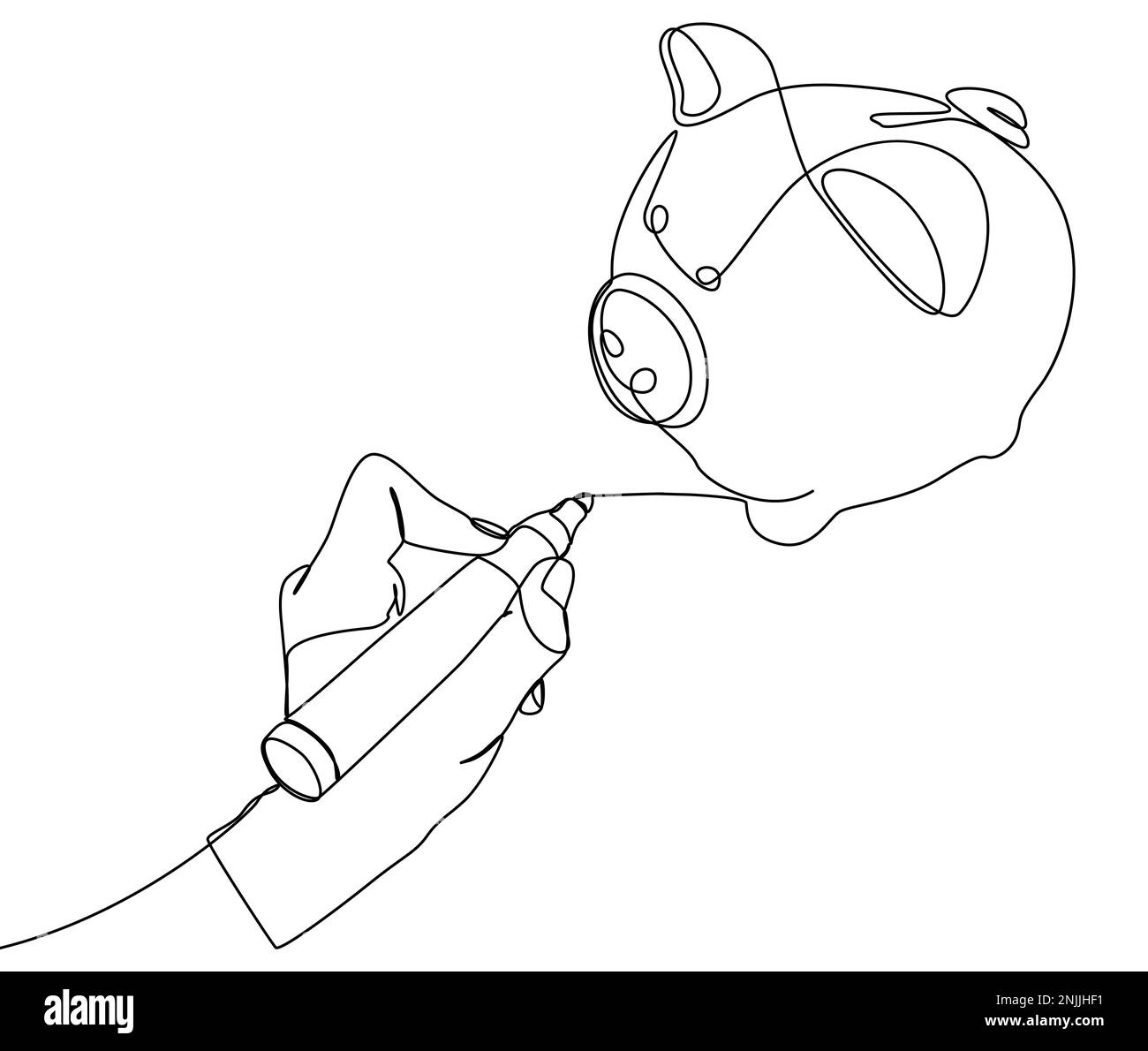One continuous line of Piggy Bank drawn with a pencil, felt tip pen ...