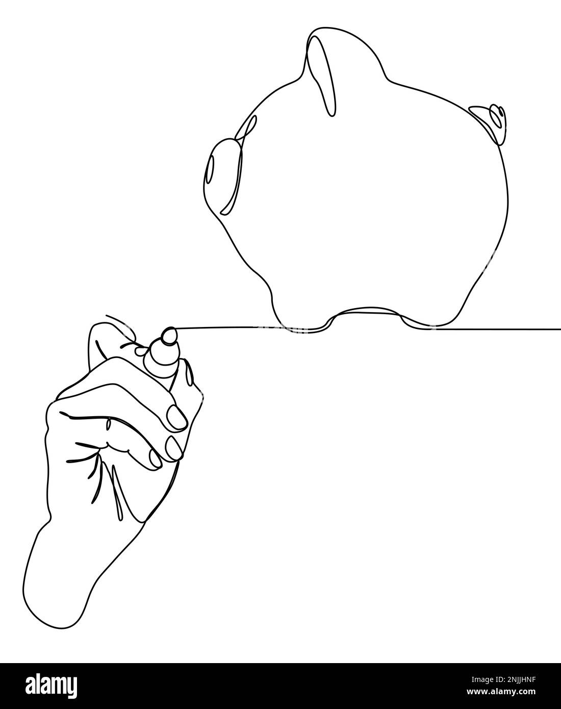 One continuous line of Piggy Bank drawn with a pencil, felt tip pen ...