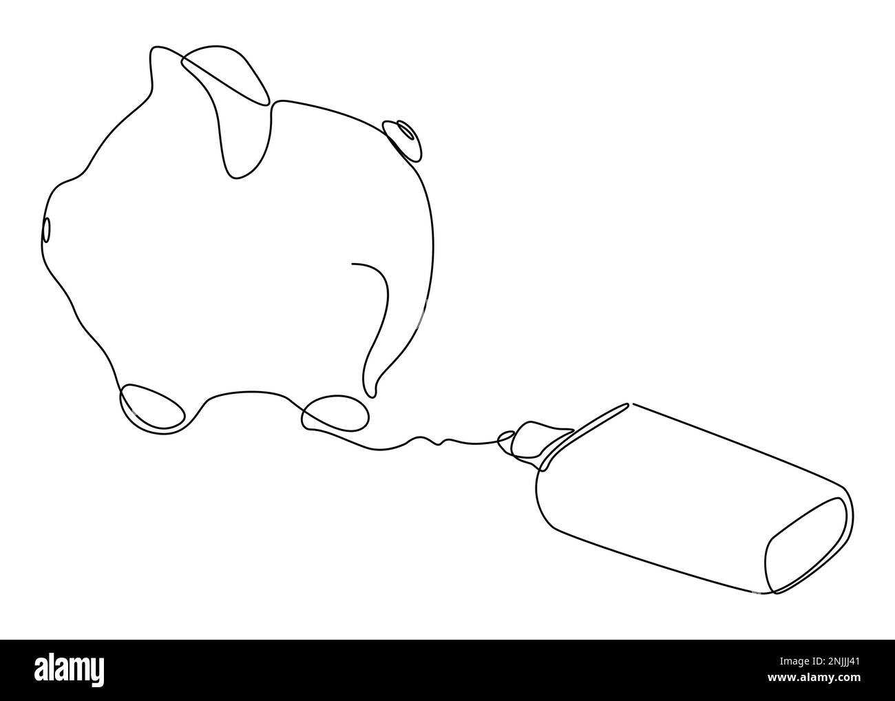 One continuous line of Piggy Bank drawn with a pencil, felt tip pen ...