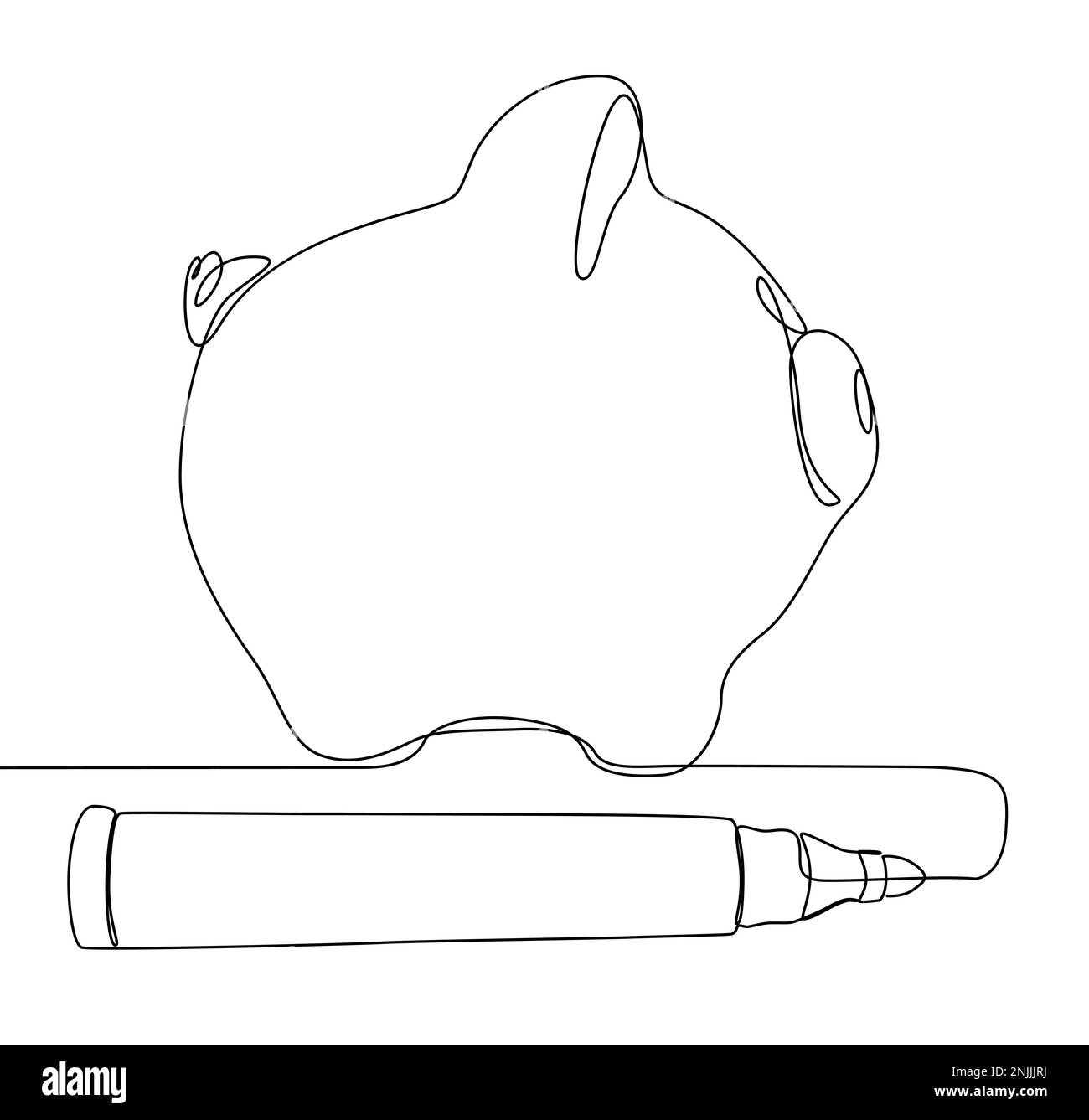 One continuous line of Piggy Bank drawn with a pencil, felt tip pen ...