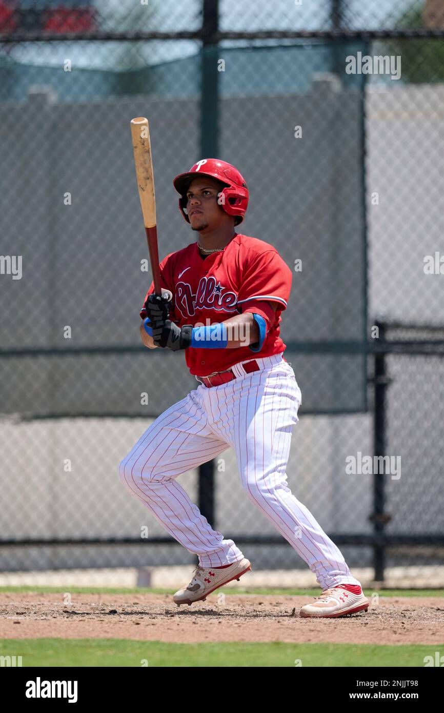 FCL Phillies Adony Mejia (86) hits a double during a Florida Complex ...