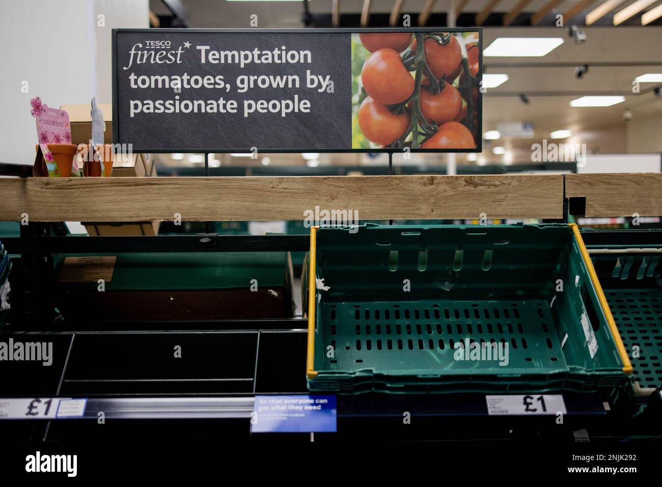 London, UK. 22nd Feb, 2023. Empty shelves of fresh tomatoes are seen in ...