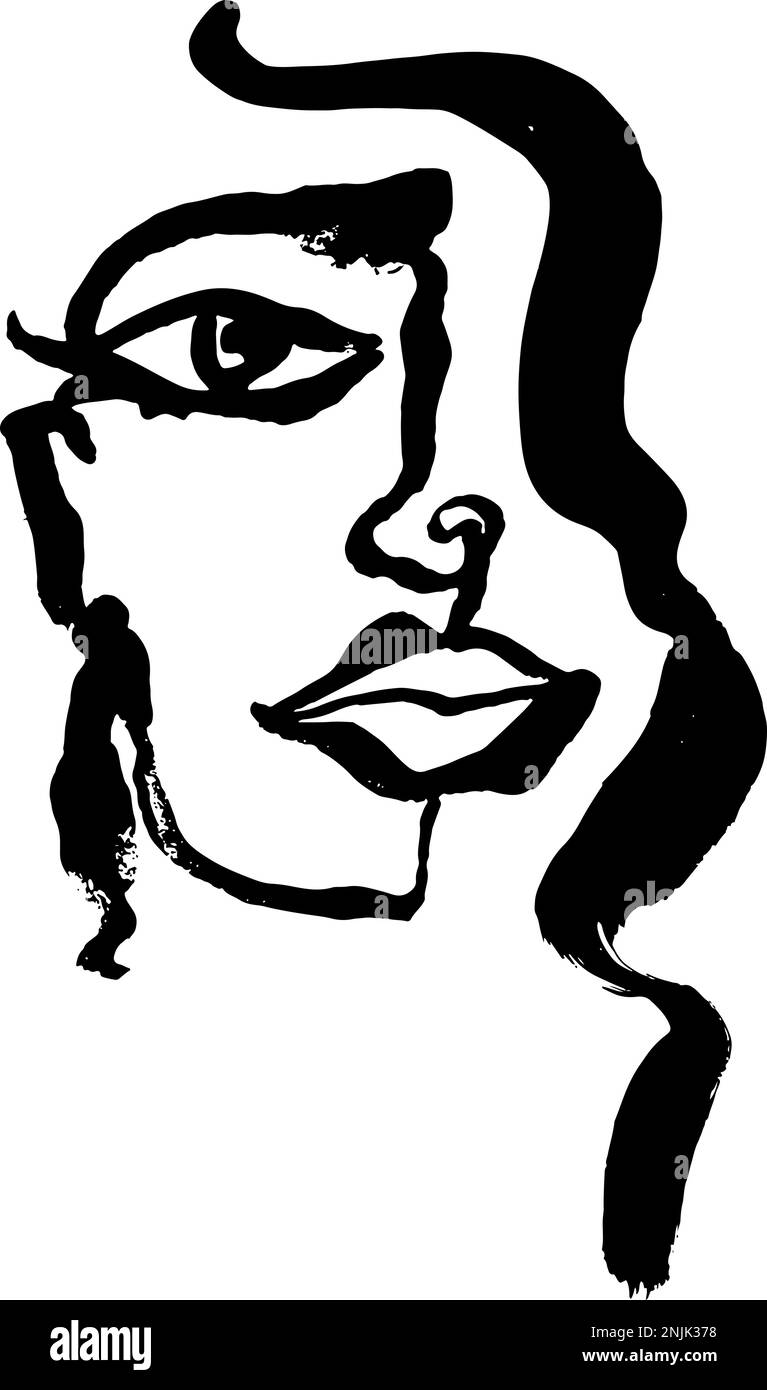 Abstract Girl Line Art Rough Dry Brush Portrait Stock Vector Image ...