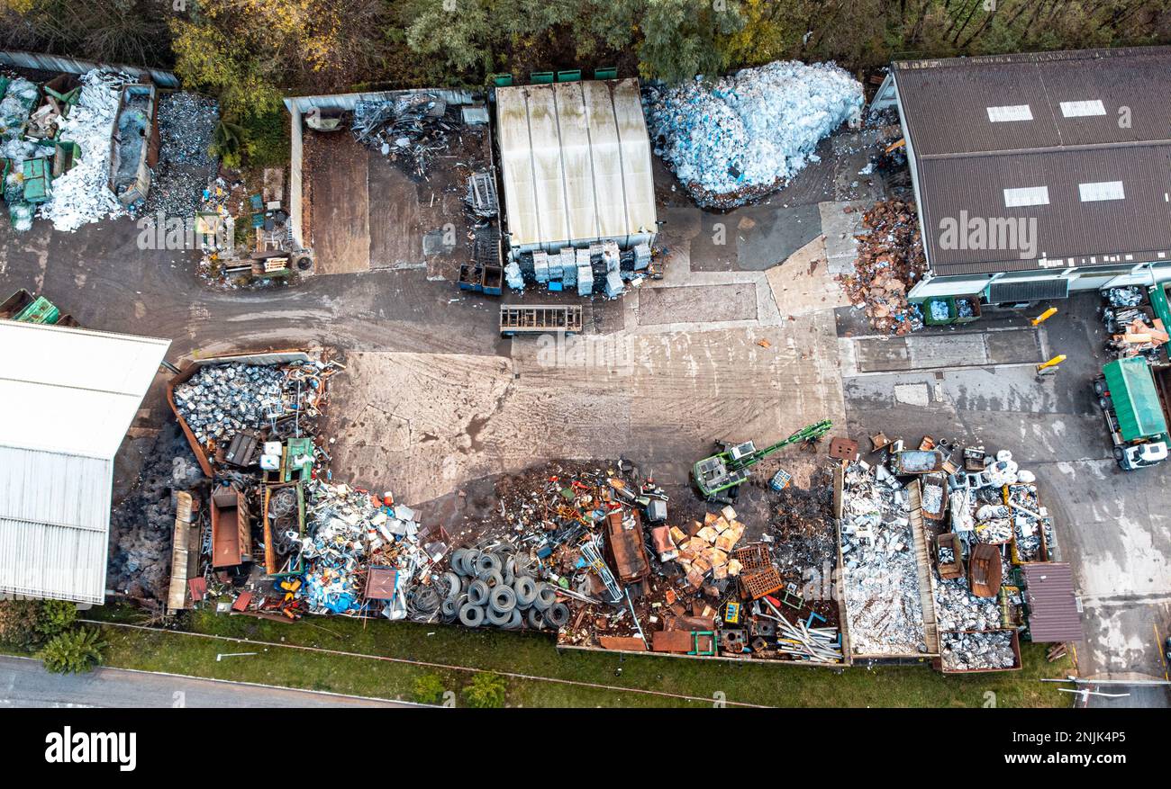 Aerial view on a waste disposal dump in Slovenia. Large piles of metal ...