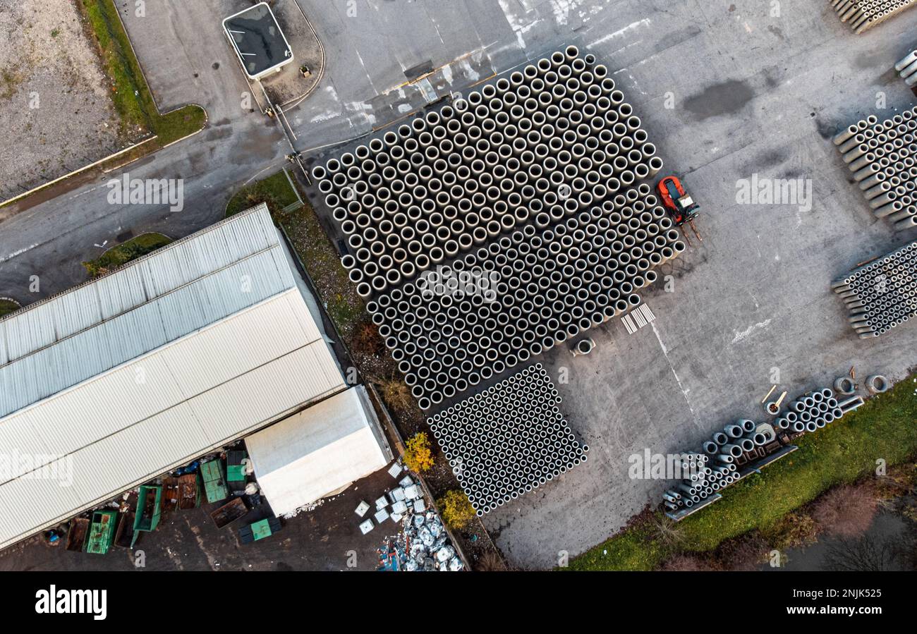 Concrete pipes in outdoor warehouse aerial view Stock Photo - Alamy