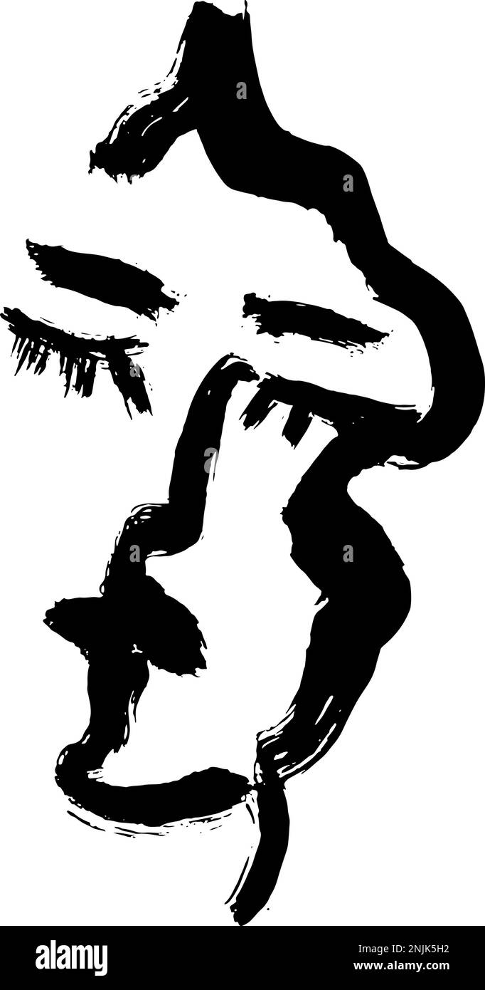 Abstract Girl with Closed Eyes Line Art Rough Dry Brush Portrait Stock ...