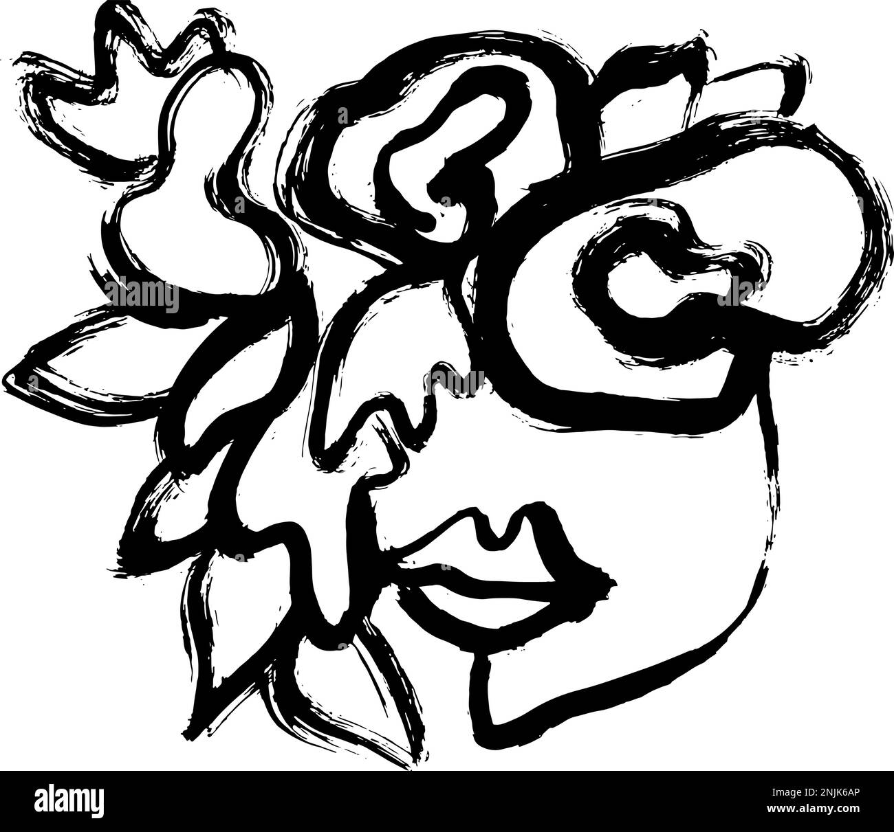 Abstract Girl with Flower Line Art Rough Dry Brush Portrait Stock ...