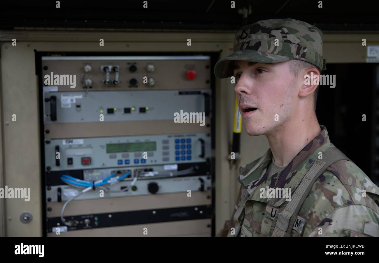 Pfc. Lawson Graham, 115th Signal Battalion, monitors signal strength ...