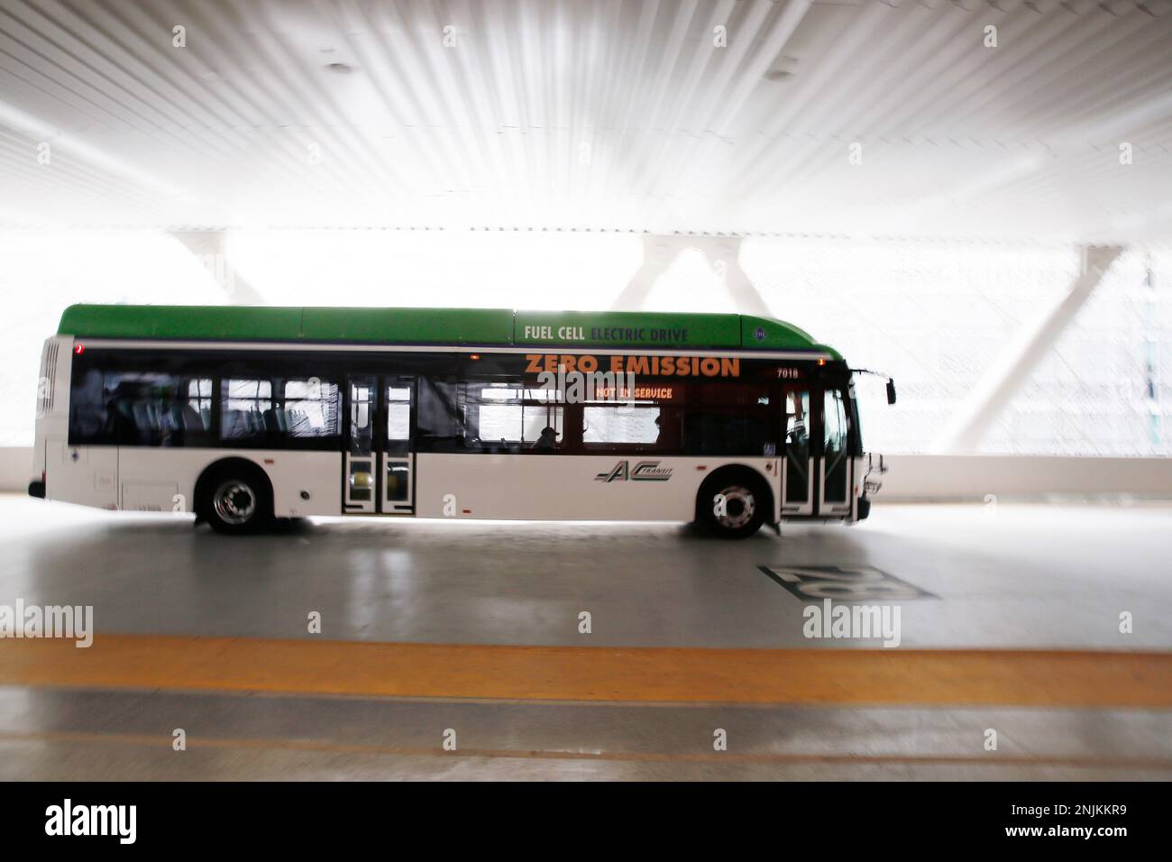 An AC Transit zero emissions bus moves on the bus deck at the Transbay ...