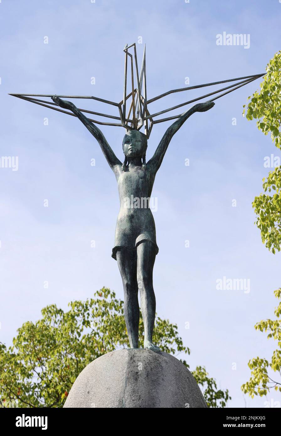 A statue of "genbaku no ko no zo", literally "Statue of the Children of ...