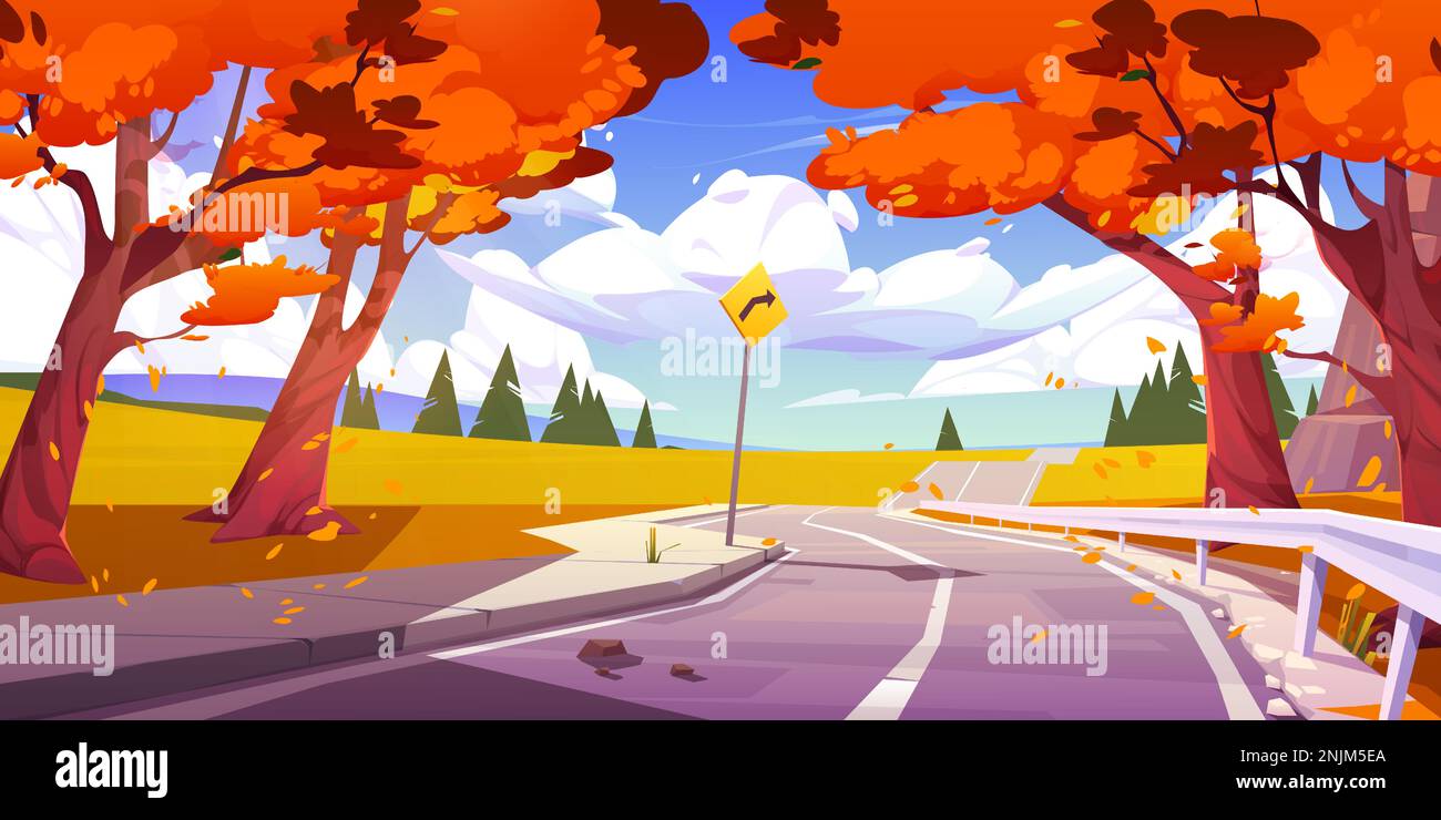 Mountain valley autumn landscape with highway road, forest, orange trees and grass. Countryside ...