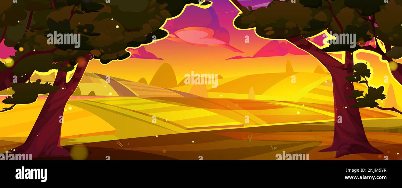 Sunset landscape with farm fields, forest and river. Rural scene ...