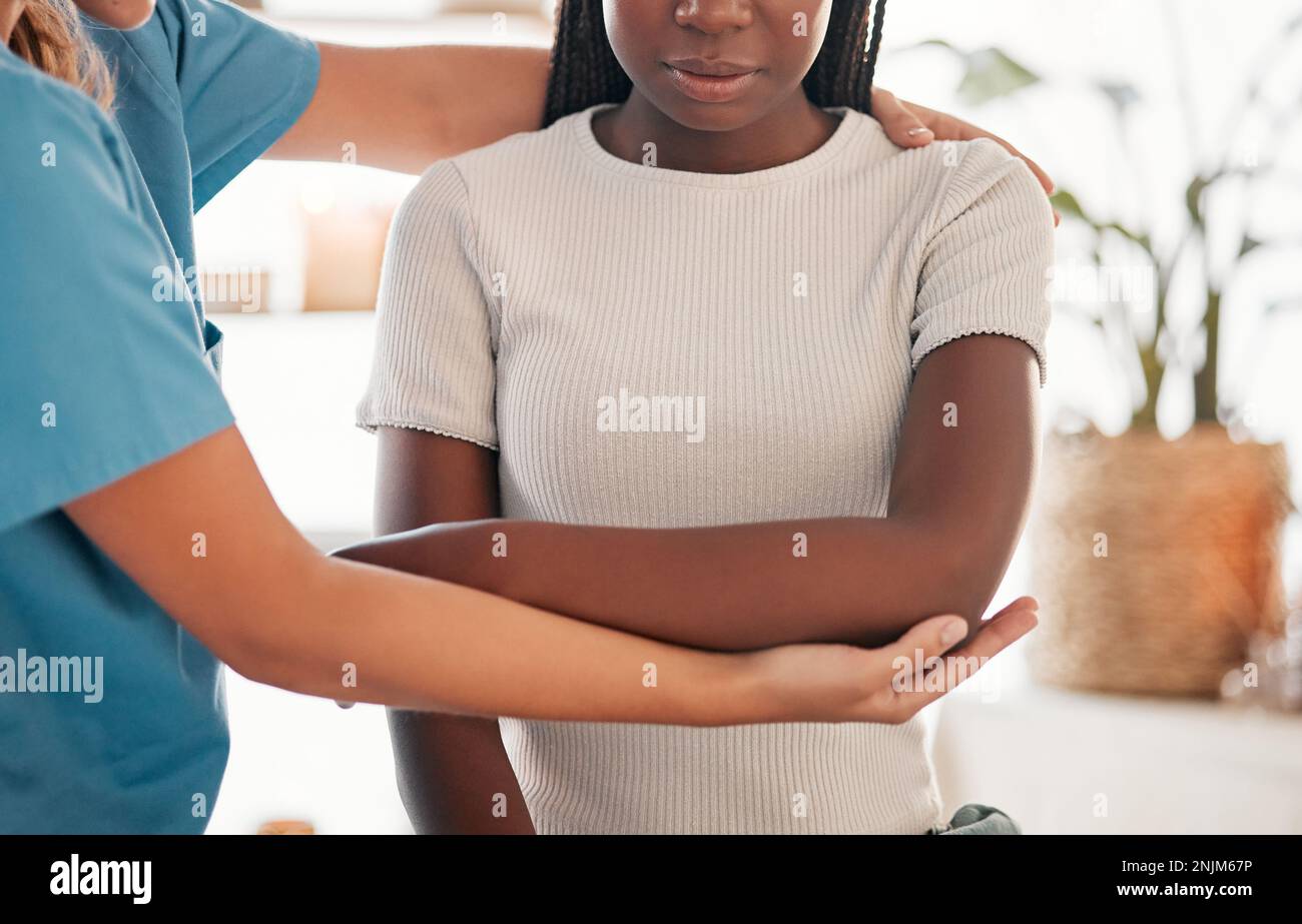 Physical therapy, therapist and woman arm in muscle massage, joint pain ...