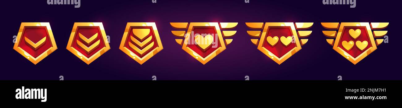 Set of game rank badges with hearts isolated on background. Vector ...