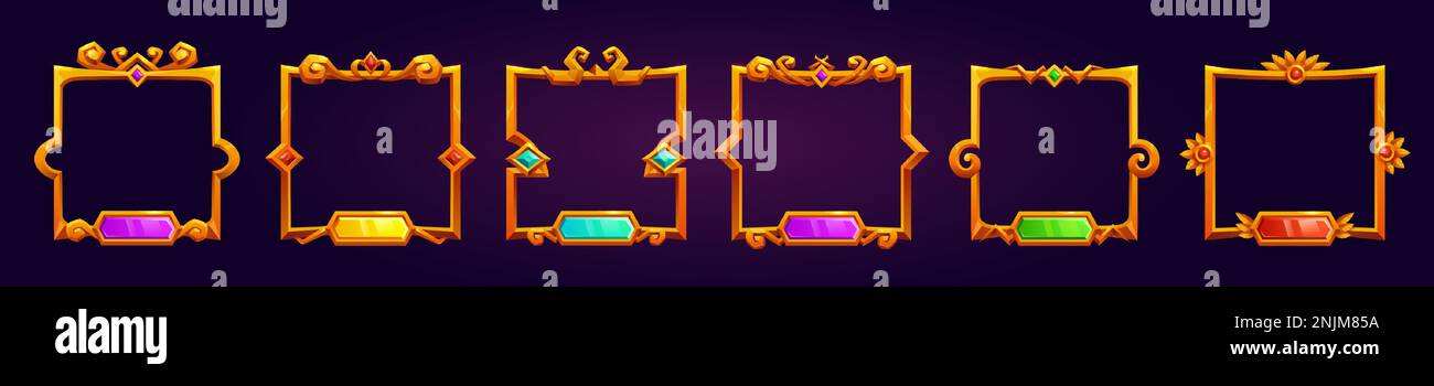 Fantasy game square gold user avatar frame set cartoon vector label ...