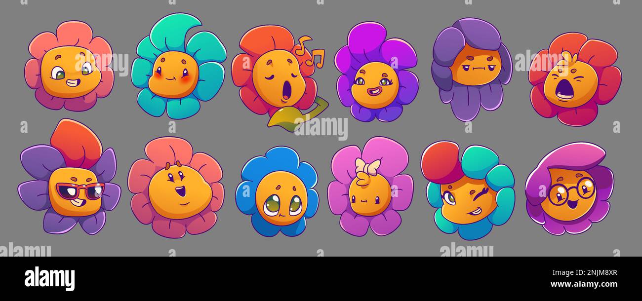Cute set of daisy flower face emotions in vector. Isolated groovy ...