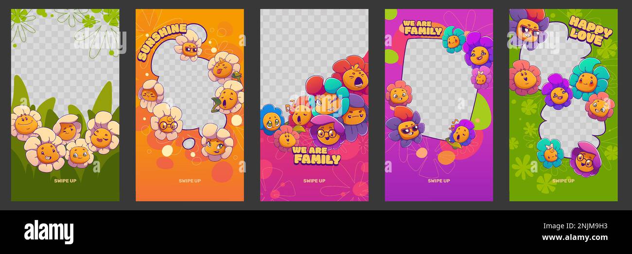 Groovy social media frame cartoon vector set. Png retro story template ...