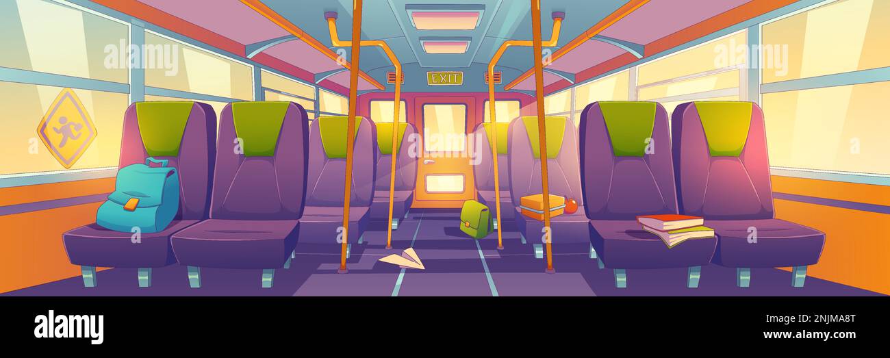 Empty school bus interior with book on seat vector cartoon background ...