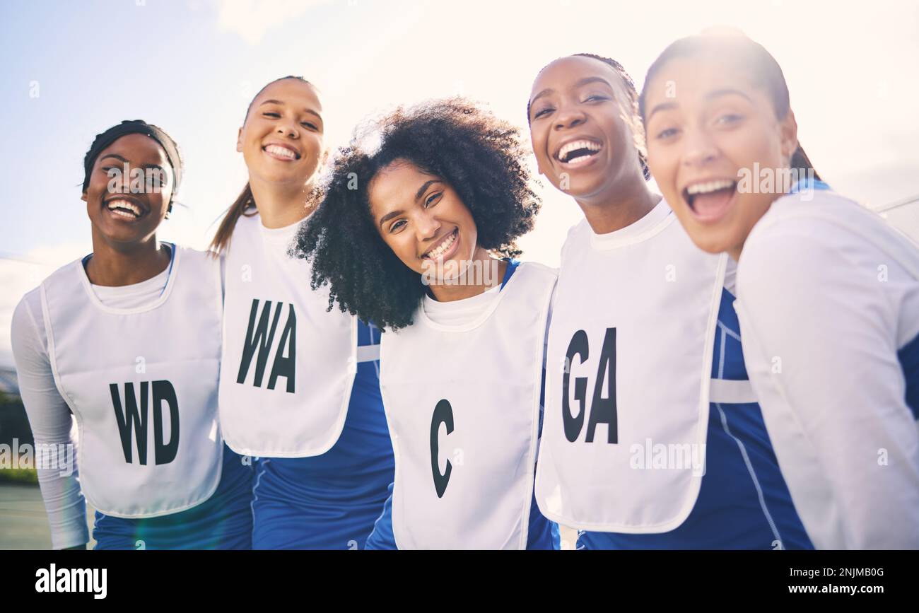 Sports, netball and portrait of women with smile ready for training ...