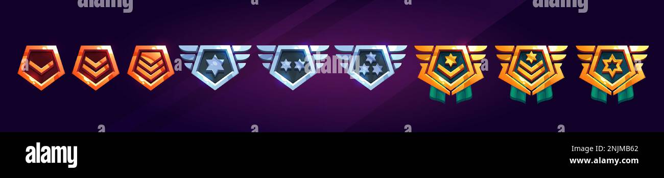 Set of cartoon military game rank badges. Vector illustration of bronze ...