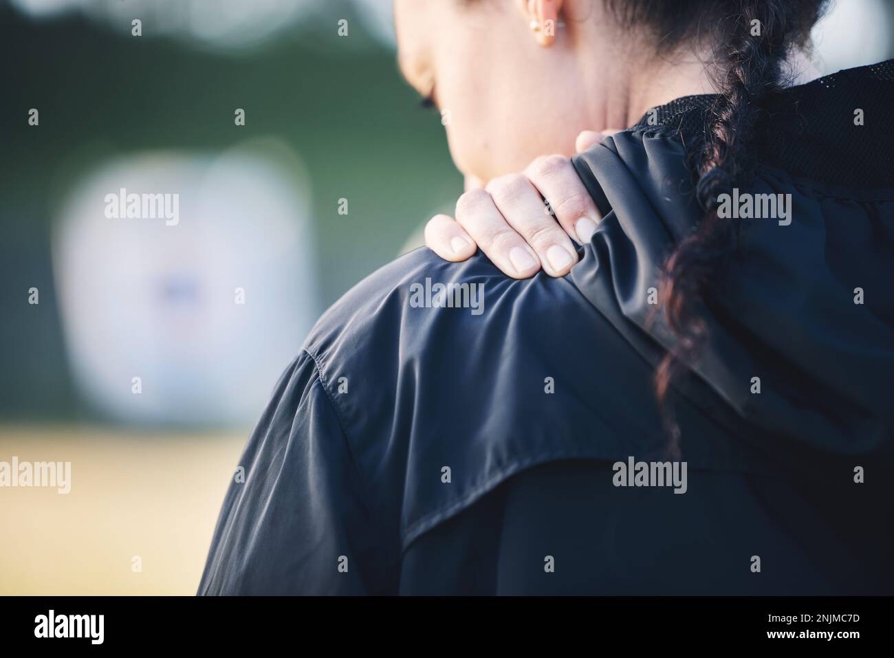 Back, fitness and woman with shoulder pain, tired and burnout after ...