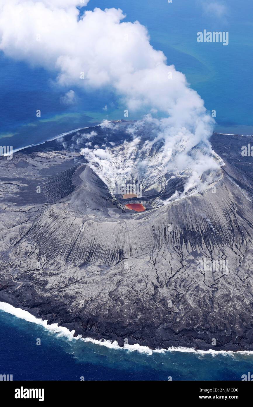An aerial photo shows Nishinoshima Island (Rosario Island) in Ogasawara ...