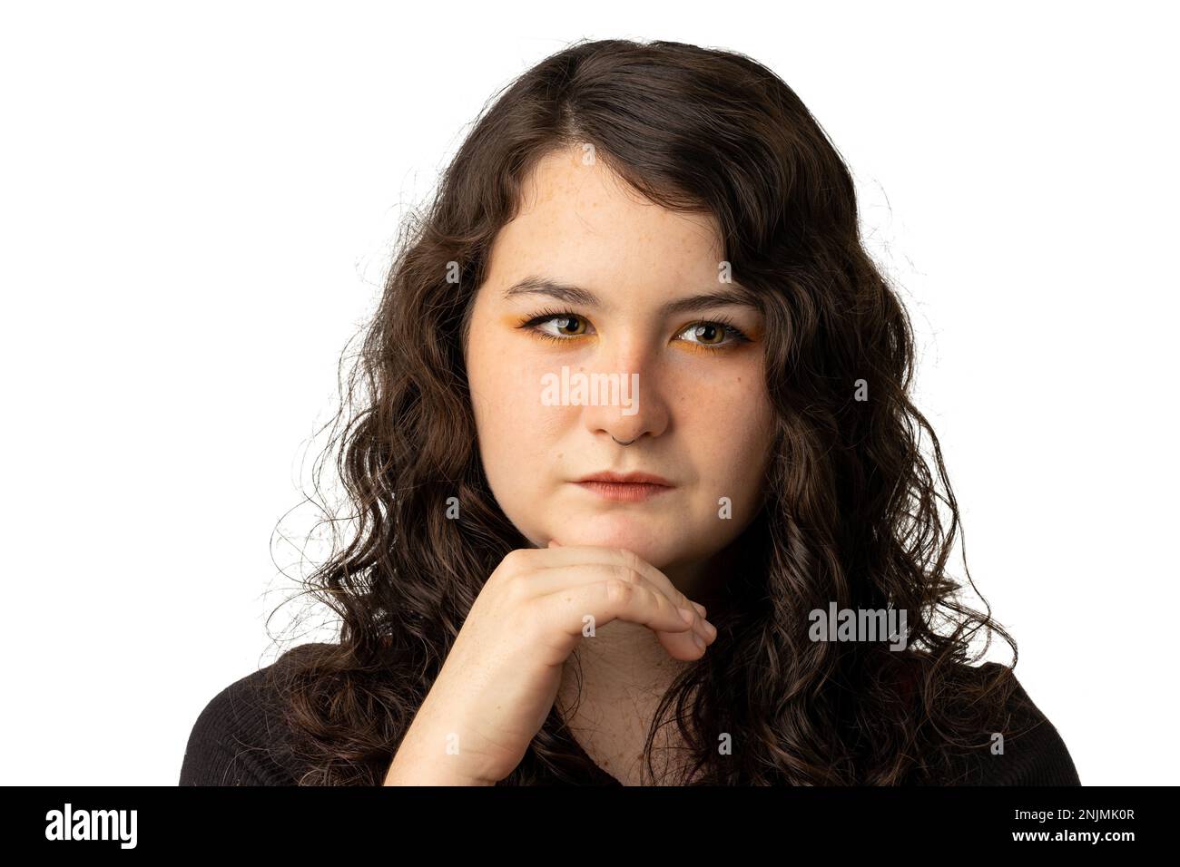 Beautiful woman contemplating, isolated on white background Stock Photo ...