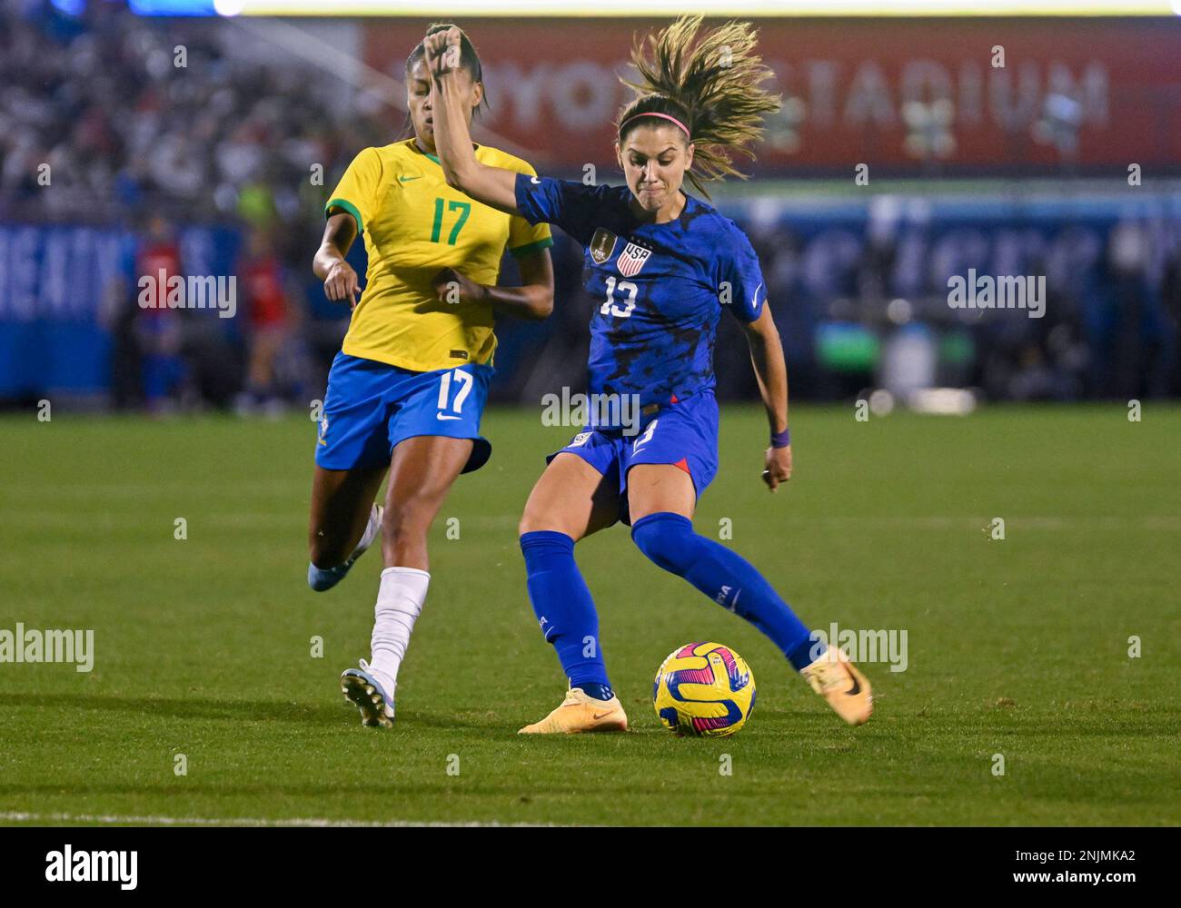 Feb 22, 2023: Team USA forward Alex Morgan (13) takes a shot to the goal during the SheBelieves ...