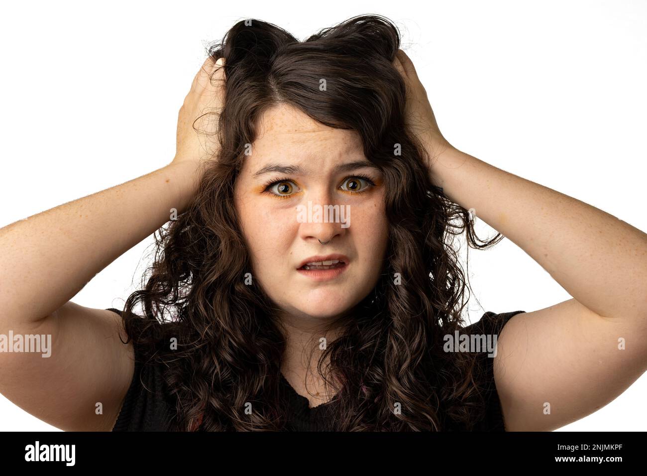 Close up portrait of young woman who is stressed and frustrated, on ...