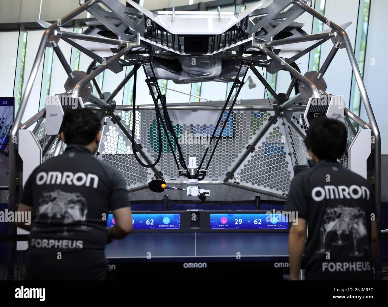 A photo shows a table tennis robot "FORPHEUS" rallying while ...