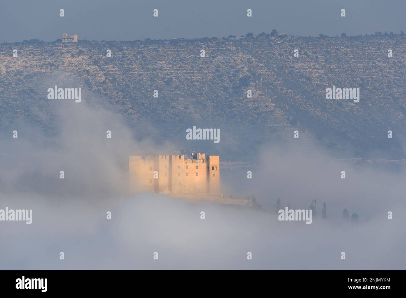 Mequinenza Castle between fog in a winter sunrise (Bajo Cinca, Zaragoza ...