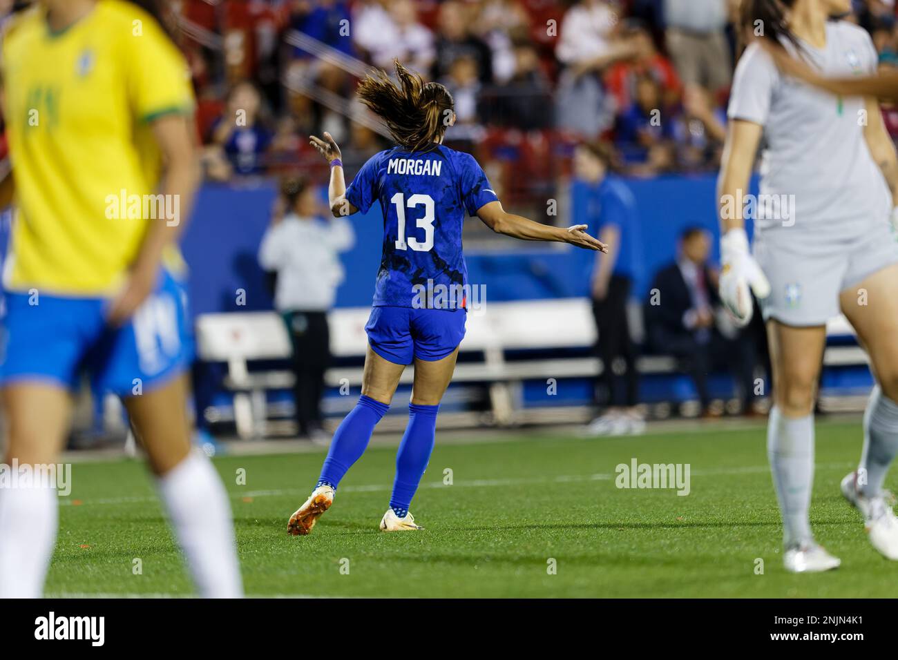 USA forward Alex Morgan (13) reacts to being called offsides on would be goal during the 2023 ...